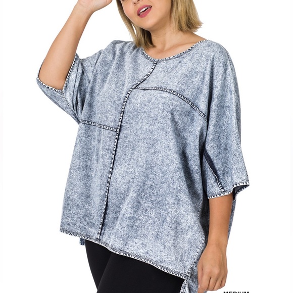 Tops | New Plus Size Chambray Oversized Round Neck Hilow Hem Top | Poshmark